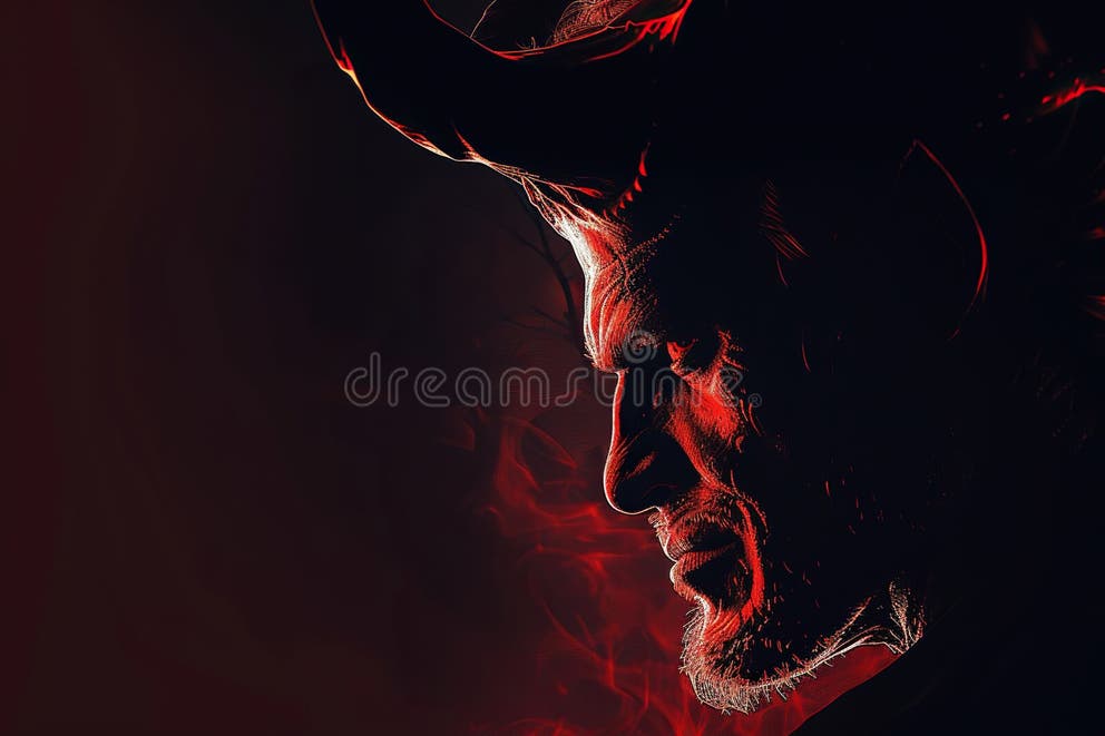 Scary Sinister Devil is in Hell with Bright Fire Lighting on the ...