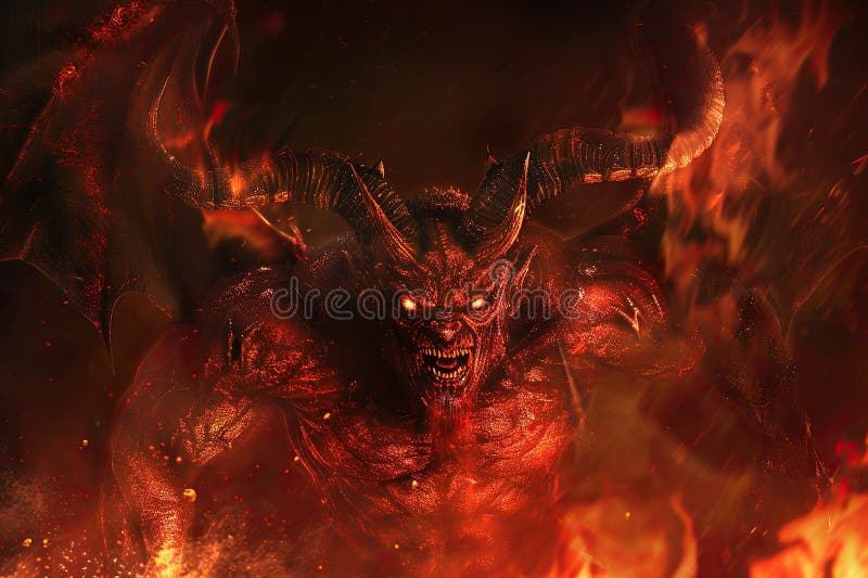 Scary Sinister Devil is in Hell with Dramatic Bright Fire Lighting ...