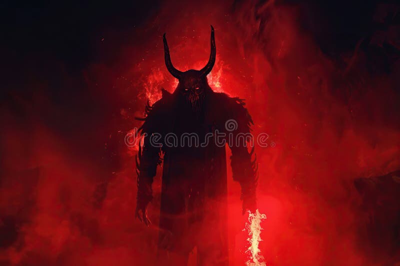 Scary Sinister Devil is in Hell with Dramatic Bright Fire Lighting ...