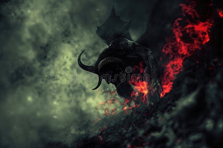 Scary Sinister Devil is in Hell with Dramatic Bright Fire Lighting ...