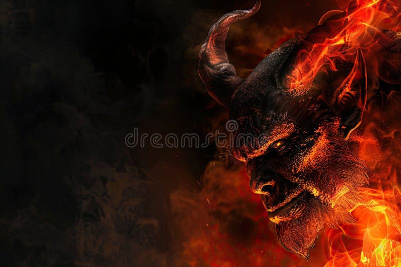 Scary Sinister Devil is in Hell with Bright Fire Lighting on the ...