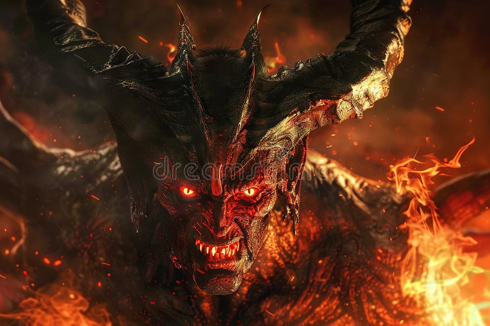 Scary Sinister Devil is in Hell with Dramatic Fire Lighting Stock Image ...