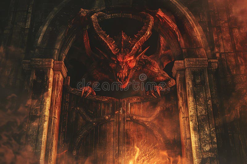 Scary Sinister Devil is in Hell with Dramatic Fire Lighting Stock ...