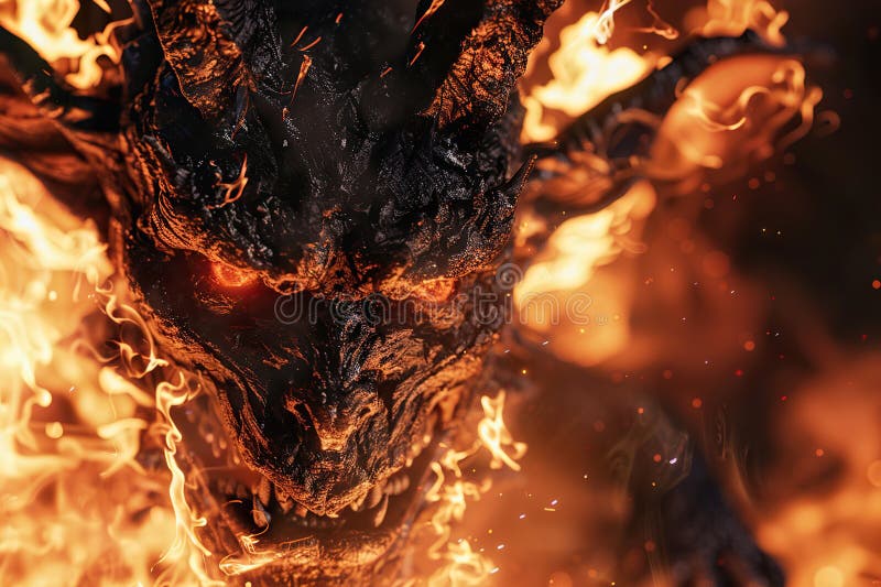 Scary Sinister Devil is in Hell with Bright Fire Lighting on the ...