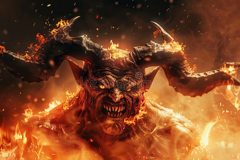 Scary Sinister Devil is in Hell with Bright Fire Lighting on the ...