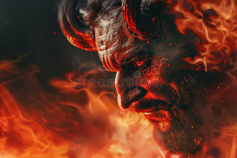 Scary Sinister Devil is in Hell with Dramatic Fire Lighting on the ...