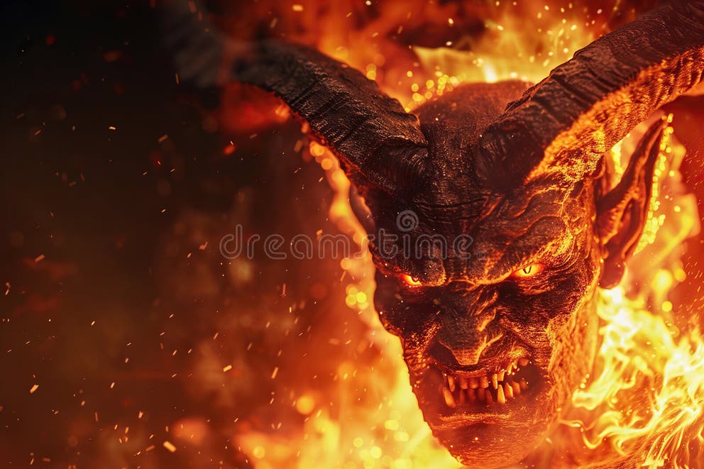 Scary Sinister Devil is in Hell with Bright Fire Lighting on the ...