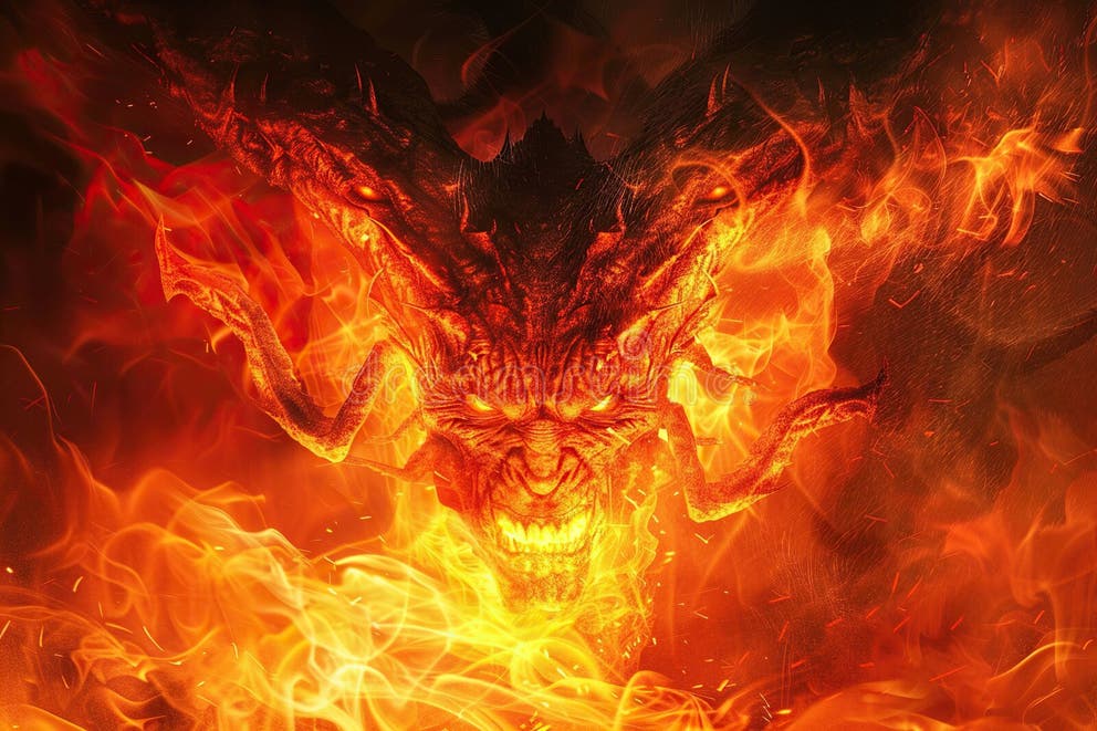 Scary Sinister Devil is in Hell with Bright Fire Lighting on the ...