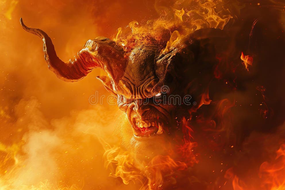 Scary Sinister Devil is in Hell with Bright Fire Lighting on the ...