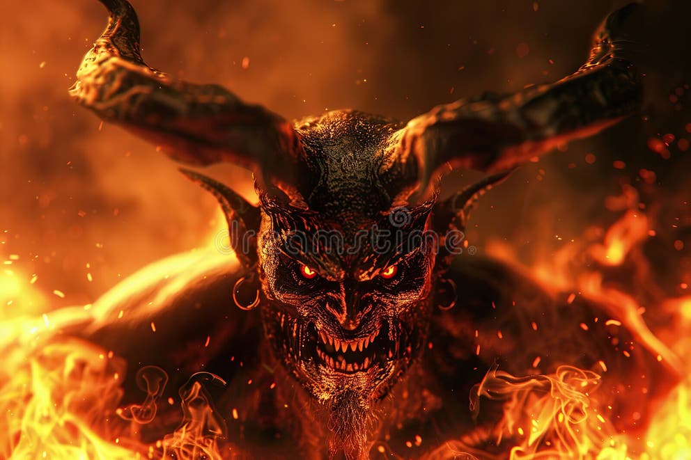 Scary Sinister Devil is in Hell with Bright Fire Lighting on the ...