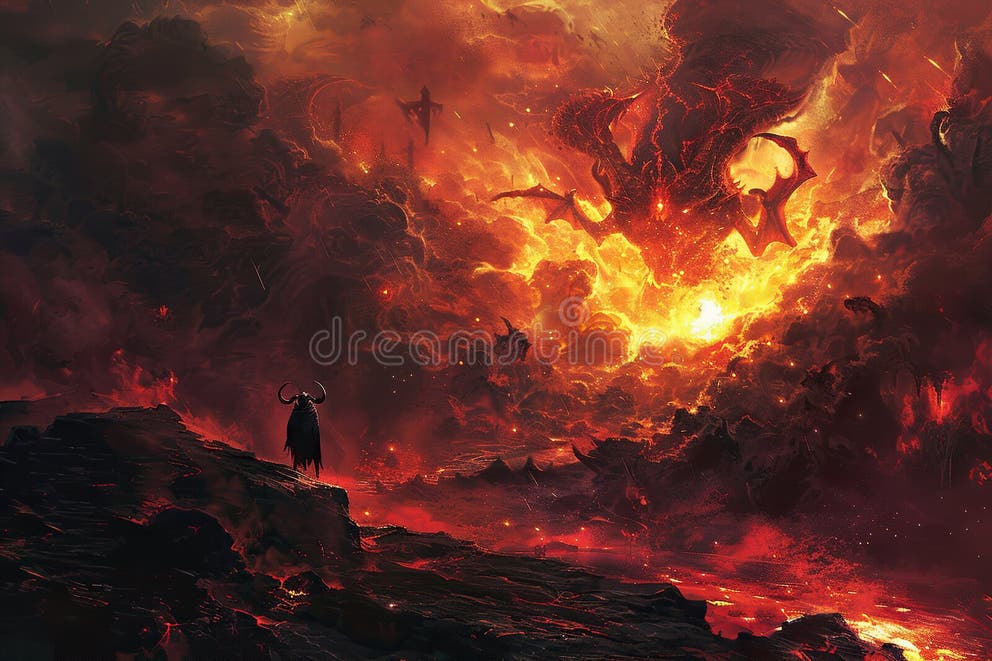 Scary Sinister Devil is in Hell with Bright Fire Lighting on the ...