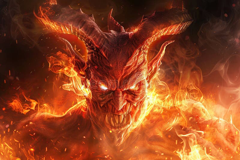 Scary Sinister Devil is in Hell with Bright Fire Lighting on the ...
