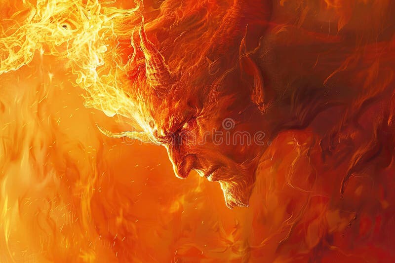 Scary Sinister Devil is in Hell with Bright Fire Lighting on the ...