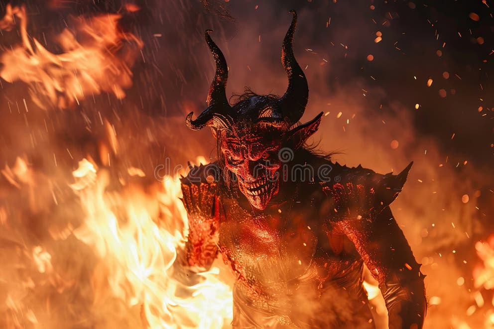 Scary Sinister Devil is in Hell with Bright Fire Lighting on the ...