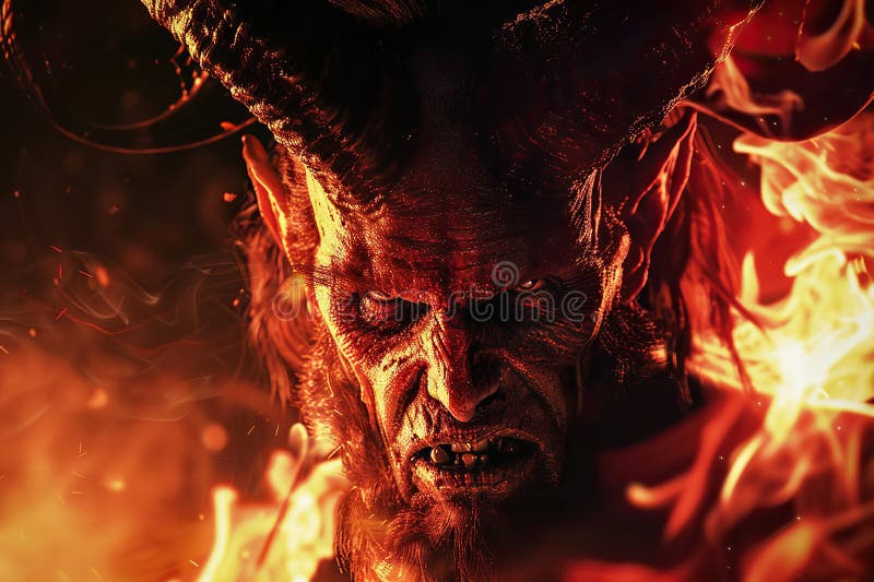 Scary Sinister Devil is in Hell with Dramatic Fire Lighting on the ...