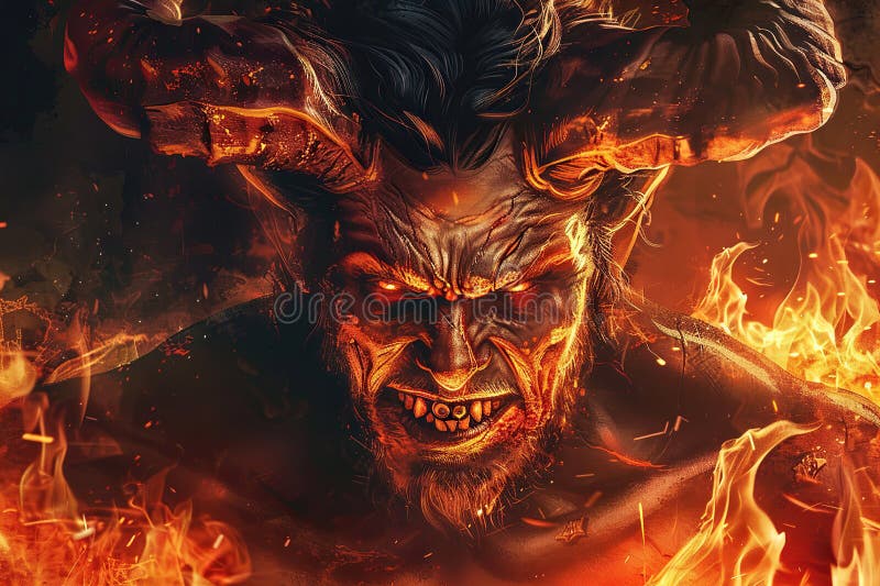 Scary Sinister Devil is in Hell with Dramatic Fire Lighting on the ...