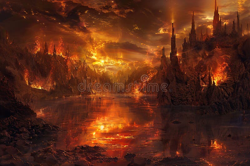 Scary Sinister Devil is in Hell with Bright Fire Lighting on the ...