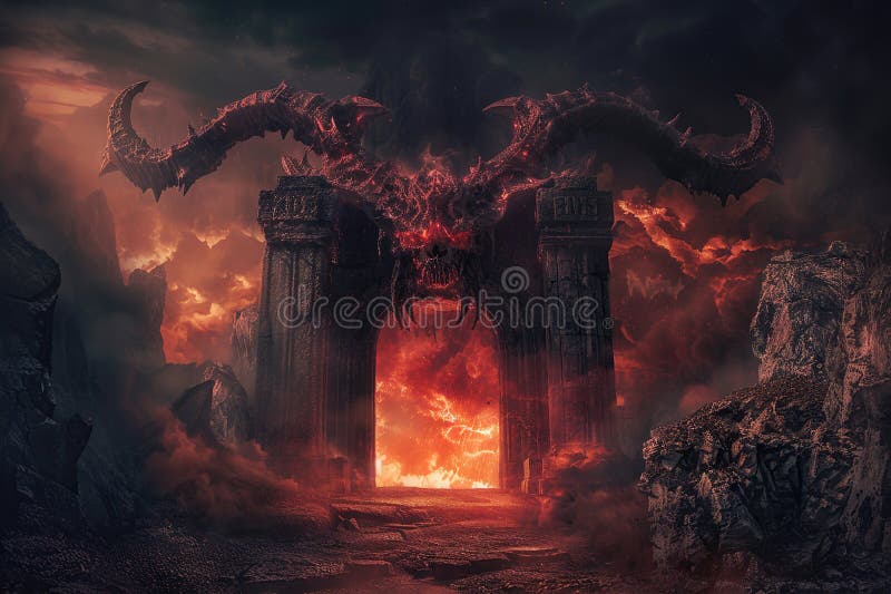 Scary Sinister Devil is in Hell with Dramatic Fire Lighting Stock Photo ...
