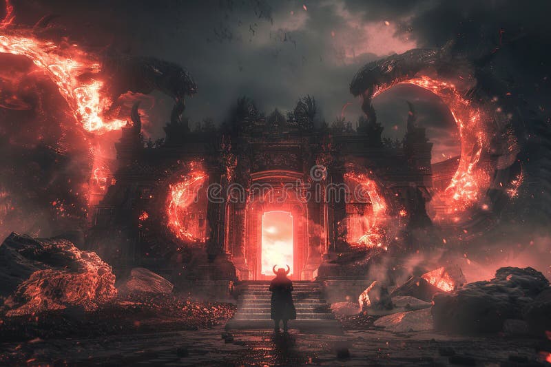 Scary Sinister Devil is in Hell with Dramatic Fire Lighting Stock Image ...