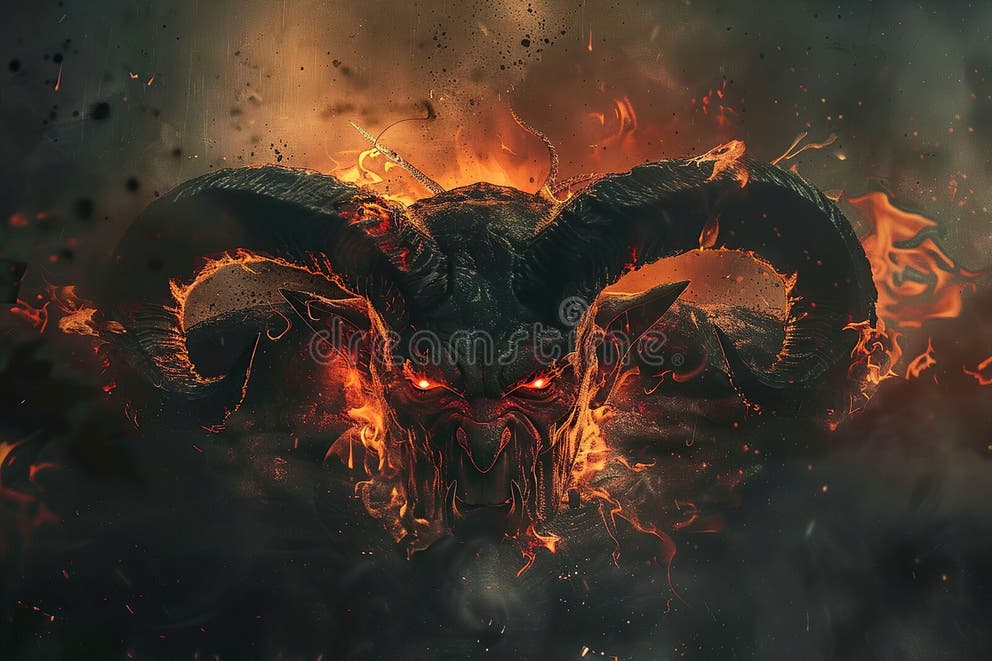 Scary Sinister Devil is in Hell with Dramatic Fire Lighting Stock Photo ...