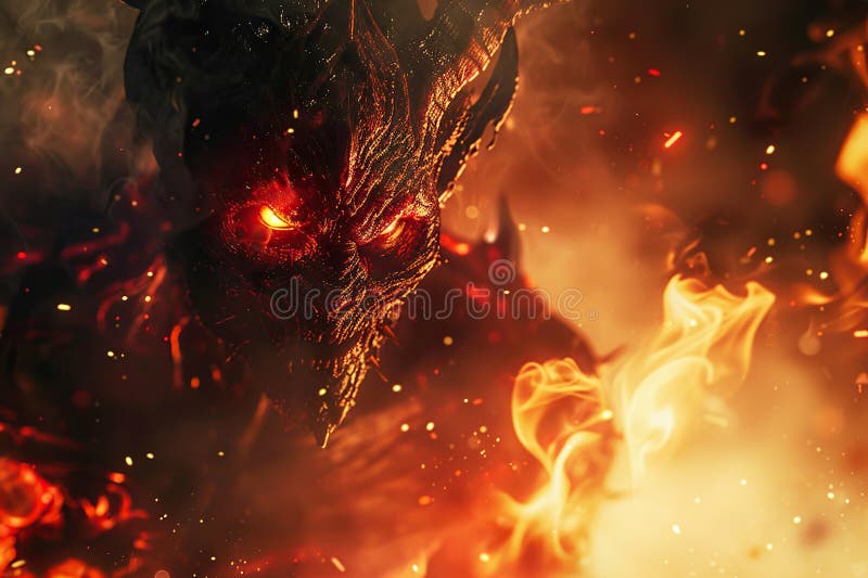 Scary Sinister Devil is in Hell with Dramatic Fire Lighting Stock Image ...