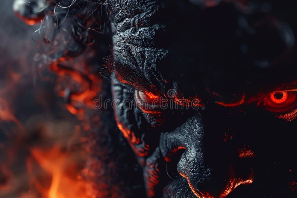 Scary Sinister Devil is in Hell with Dramatic Fire Lighting Stock Photo ...