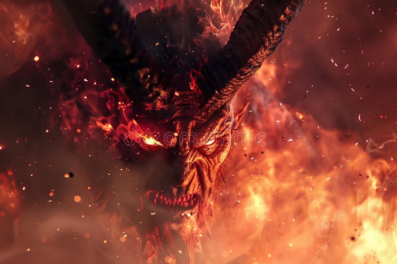 Scary Sinister Devil is in Hell with Dramatic Fire Lighting Stock Photo ...