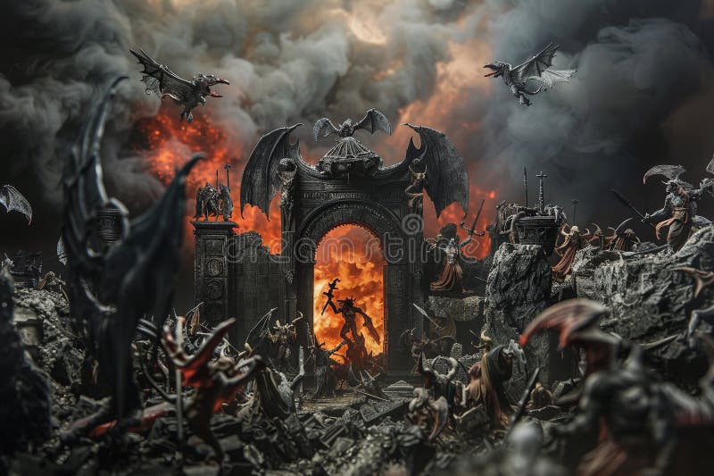 Scary Sinister Devil is in Hell with Dramatic Fire Lighting Stock Photo ...