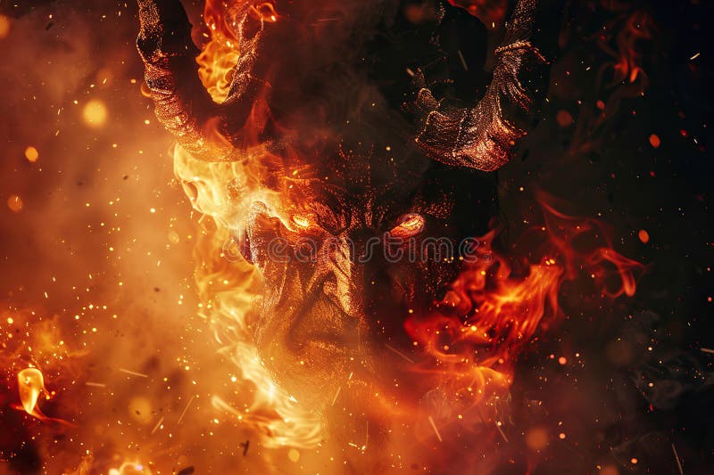 Scary Sinister Devil is in Hell with Dramatic Fire Lighting Stock Photo ...