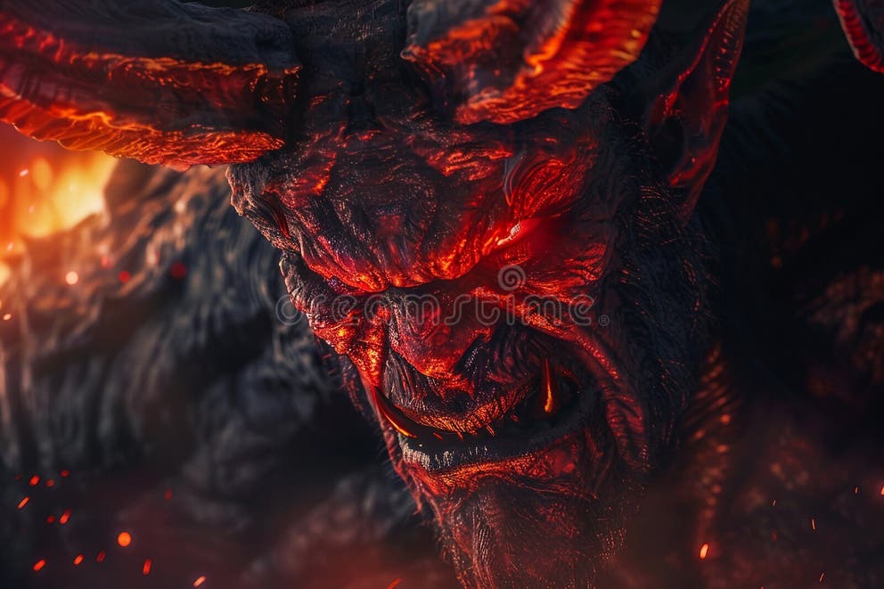 Scary Sinister Devil is in Hell with Dramatic Fire Lighting Stock Photo ...