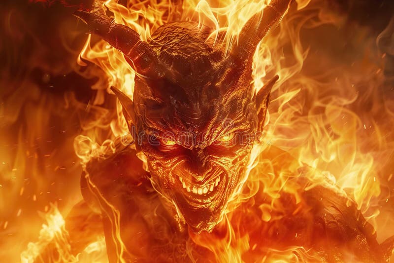 Scary Sinister Devil is in Hell with Dramatic Fire Lighting Stock Photo ...