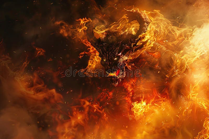 Scary Sinister Devil is in Hell with Dramatic Fire Lighting Stock Photo ...