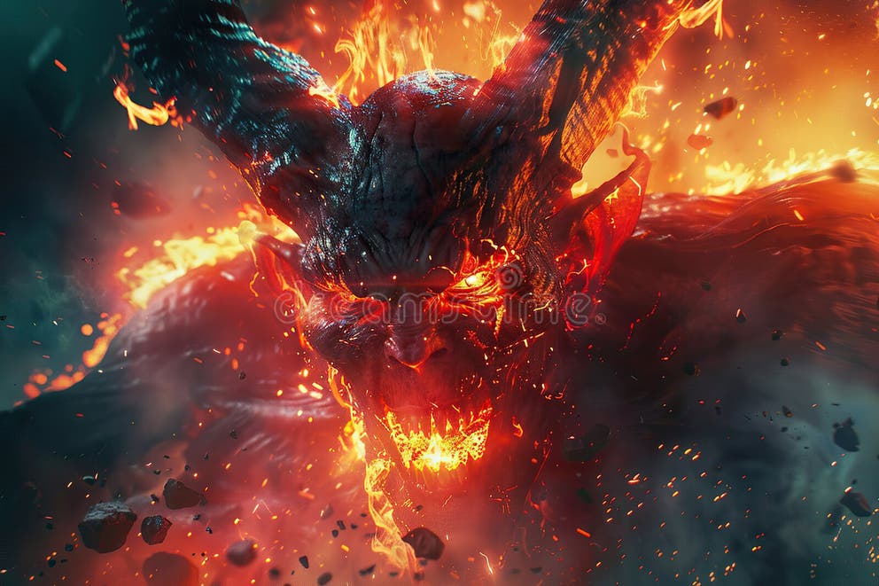 Scary Sinister Devil is in Hell with Dramatic Fire Lighting Stock Image ...