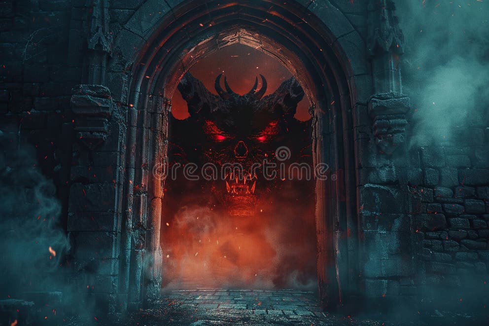 Scary Sinister Devil is in Hell with Dramatic Fire Lighting Stock Photo ...