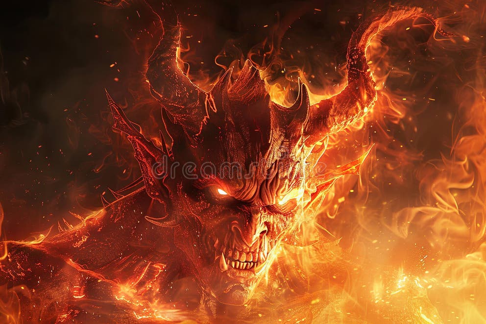 Scary Sinister Devil is in Hell with Dramatic Fire Lighting Stock Image ...