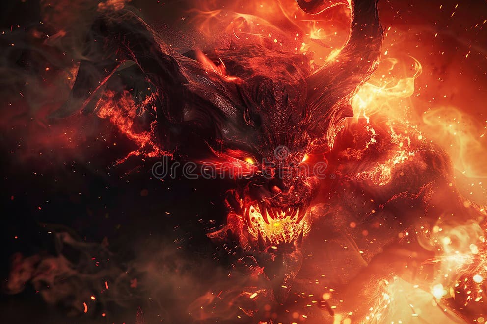 Scary Sinister Devil is in Hell with Dramatic Fire Lighting Stock Photo ...