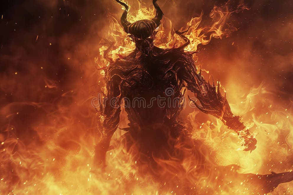 Scary Sinister Devil is in Hell with Dramatic Fire Lighting Stock Image ...
