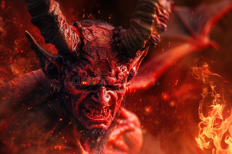 Scary Sinister Devil is in Hell with Dramatic Fire Lighting Stock Photo ...