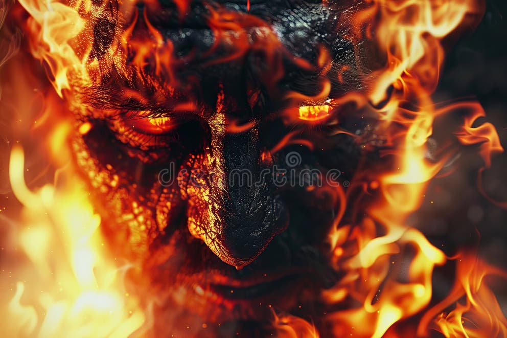 Scary Sinister Devil is in Hell with Dramatic Fire Lighting Stock Photo ...