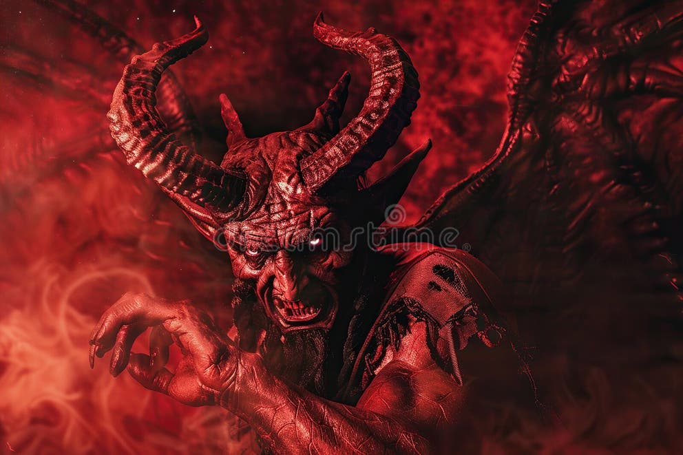 Scary Sinister Devil is in Hell with Dramatic Fire Lighting Stock Photo ...
