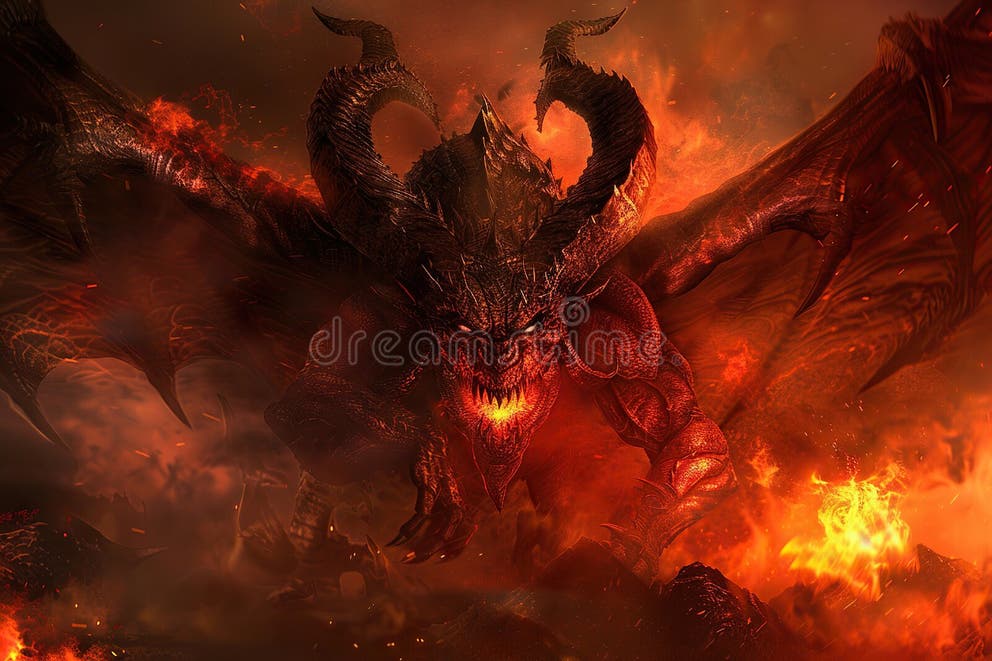 Scary Sinister Devil is in Hell with Dramatic Fire Lighting Stock Photo ...
