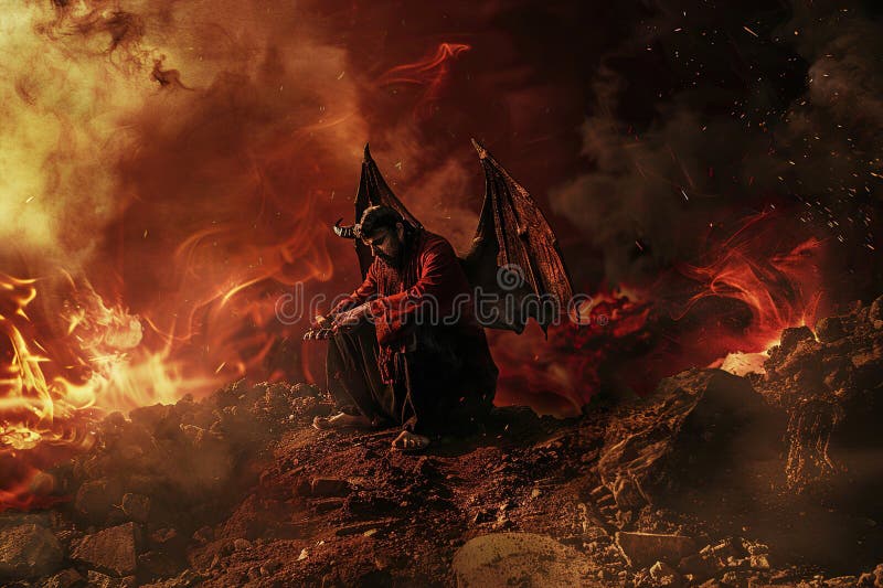 Scary Sinister Devil is in Hell with Dramatic Fire Lighting Stock ...