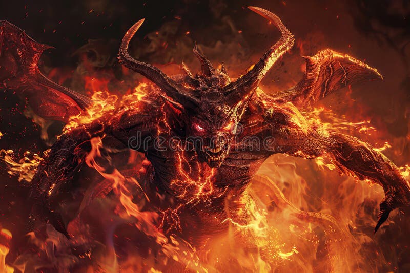 Scary Sinister Devil is in Hell with Dramatic Fire Lighting Stock Photo ...