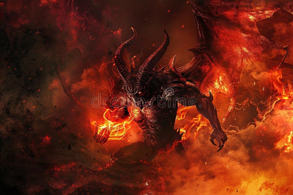 Scary Sinister Devil is in Hell with Dramatic Fire Lighting Stock Photo ...