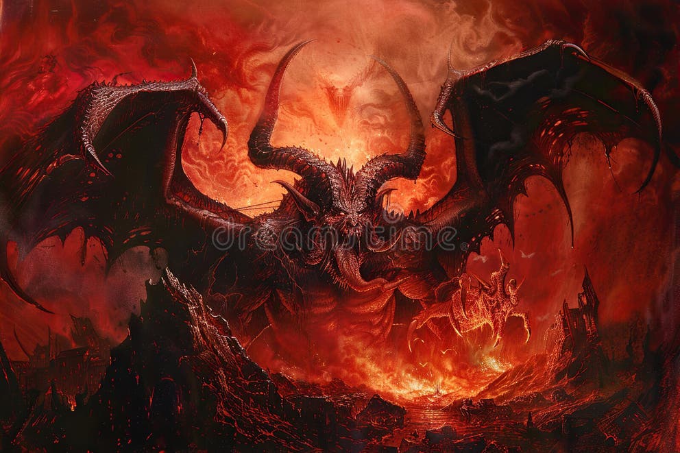 Scary Sinister Devil is in Hell with Dramatic Fire Lighting Stock Photo ...