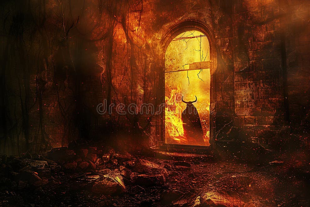 Scary Sinister Devil is in Hell with Dramatic Fire Lighting Stock Photo ...