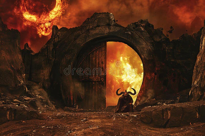 Scary Sinister Devil is in Hell with Dramatic Fire Lighting Stock ...