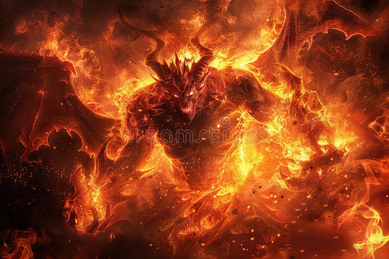Scary Sinister Devil is in Hell with Dramatic Fire Lighting Stock Image ...