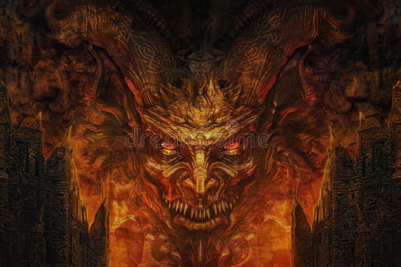 Scary Sinister Devil is in Hell with Dramatic Fire Lighting Stock Photo ...