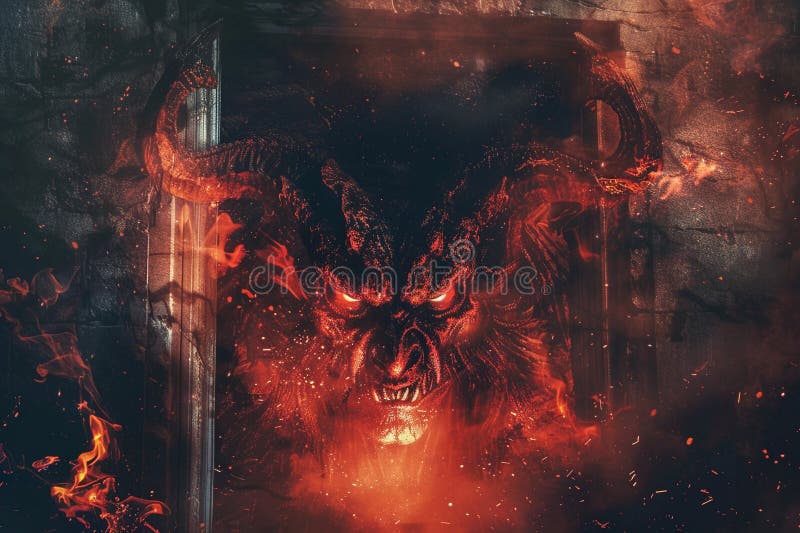 Scary Sinister Devil is in Hell with Dramatic Fire Lighting Stock ...